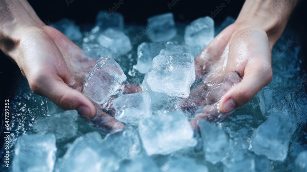 Hands holding ice cubes, cold water bath for health benefits concept ...