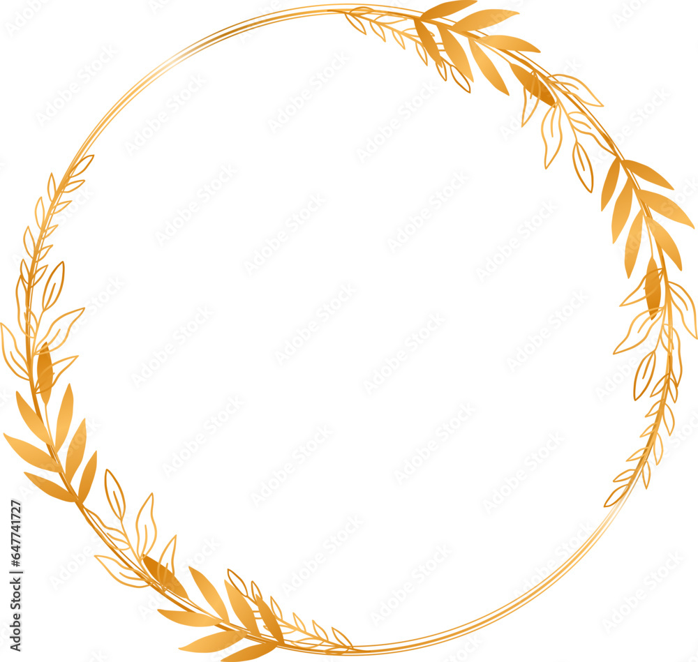 Elegant gold circle floral frame with hand drawn leaves and flower for ...