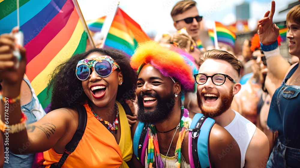 Crowd raising and holding rainbow gay flags during a Gay Pride. Trans ...