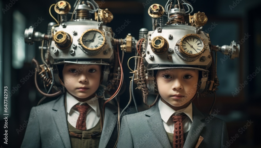Identical Twins, Dressed in Robot-Themed Suits and Hats, Symbolize the ...