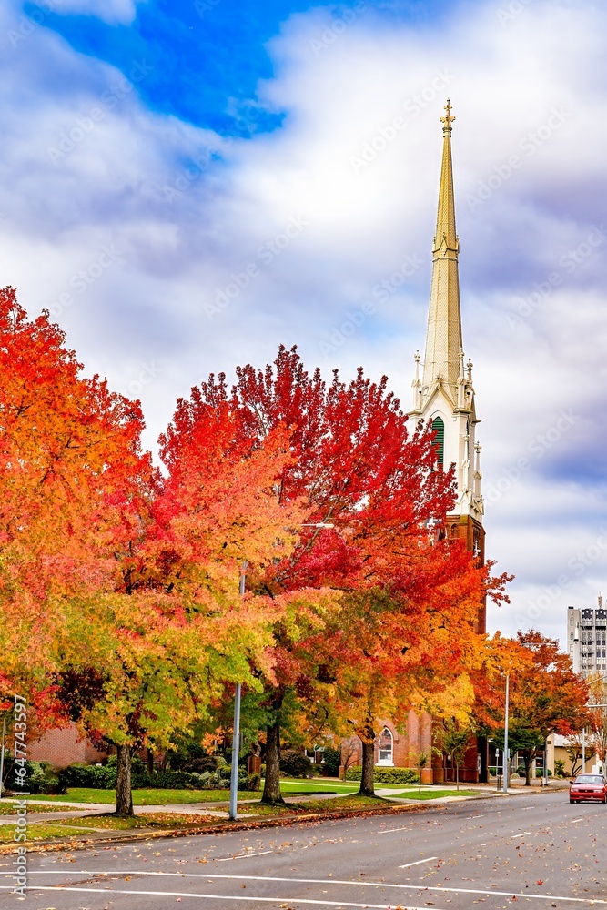 First Methodist Church in downtown Salem Oregon surrounded with trees ...