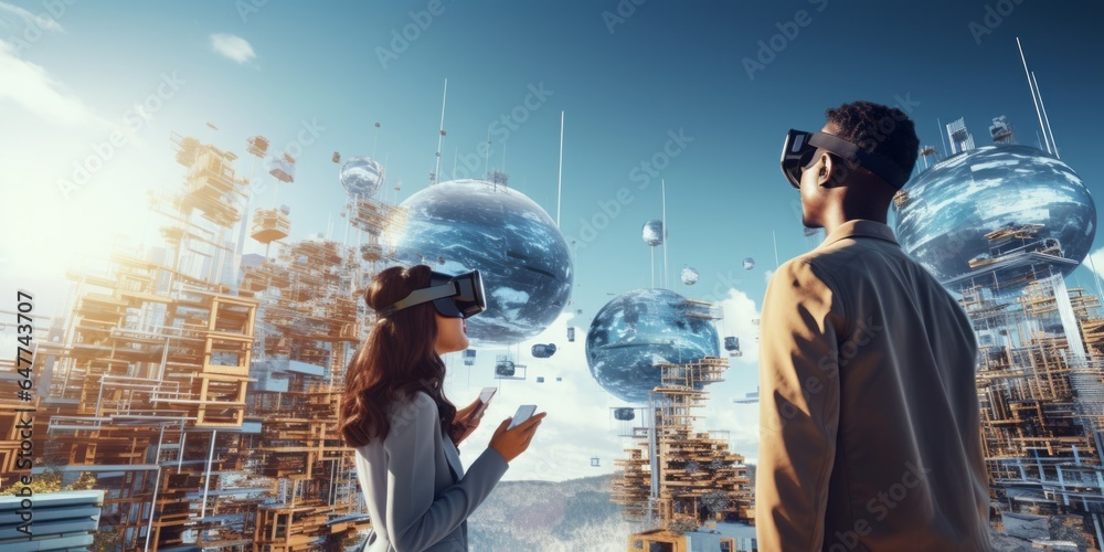 Two People in VR Glasses Contemplate a Structural Cityscape, Merging ...