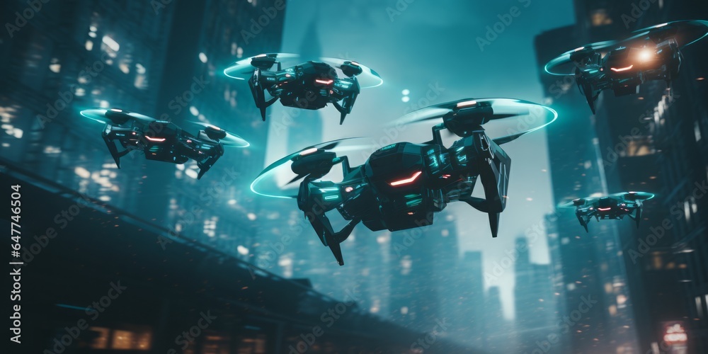 War Drones Soar Over a Burning City, Illustrating the Harsh Realities ...