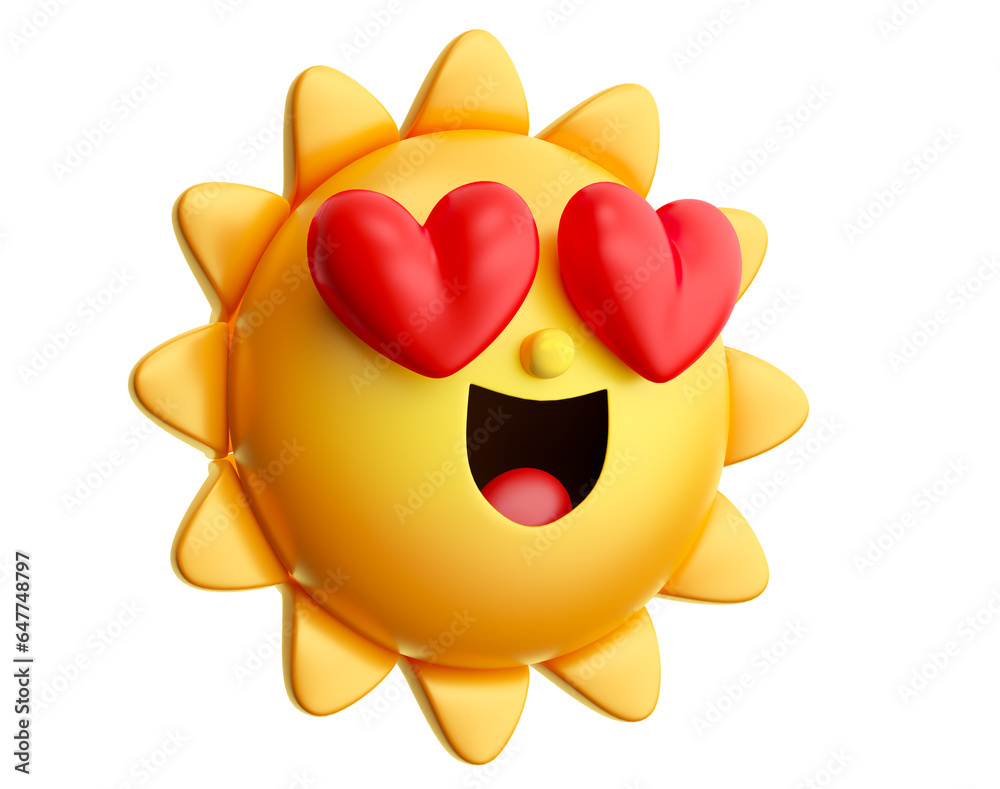 Happy sun in love with heart in cartoon on transparent background in 3d ...