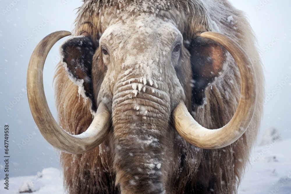 Portrait of a mammoth in the snow. Mammoth face close up. Big wild ...