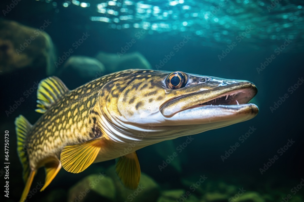 Pike fish underwater close up view. Big freshwater predator. Fishing ...