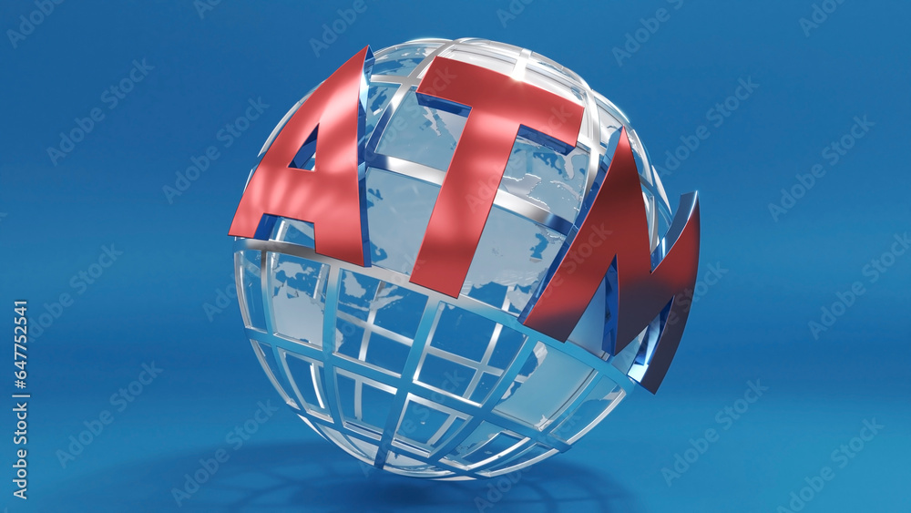 Volumetric earth sign with parallels and meridians and letters ATM. 3d ...