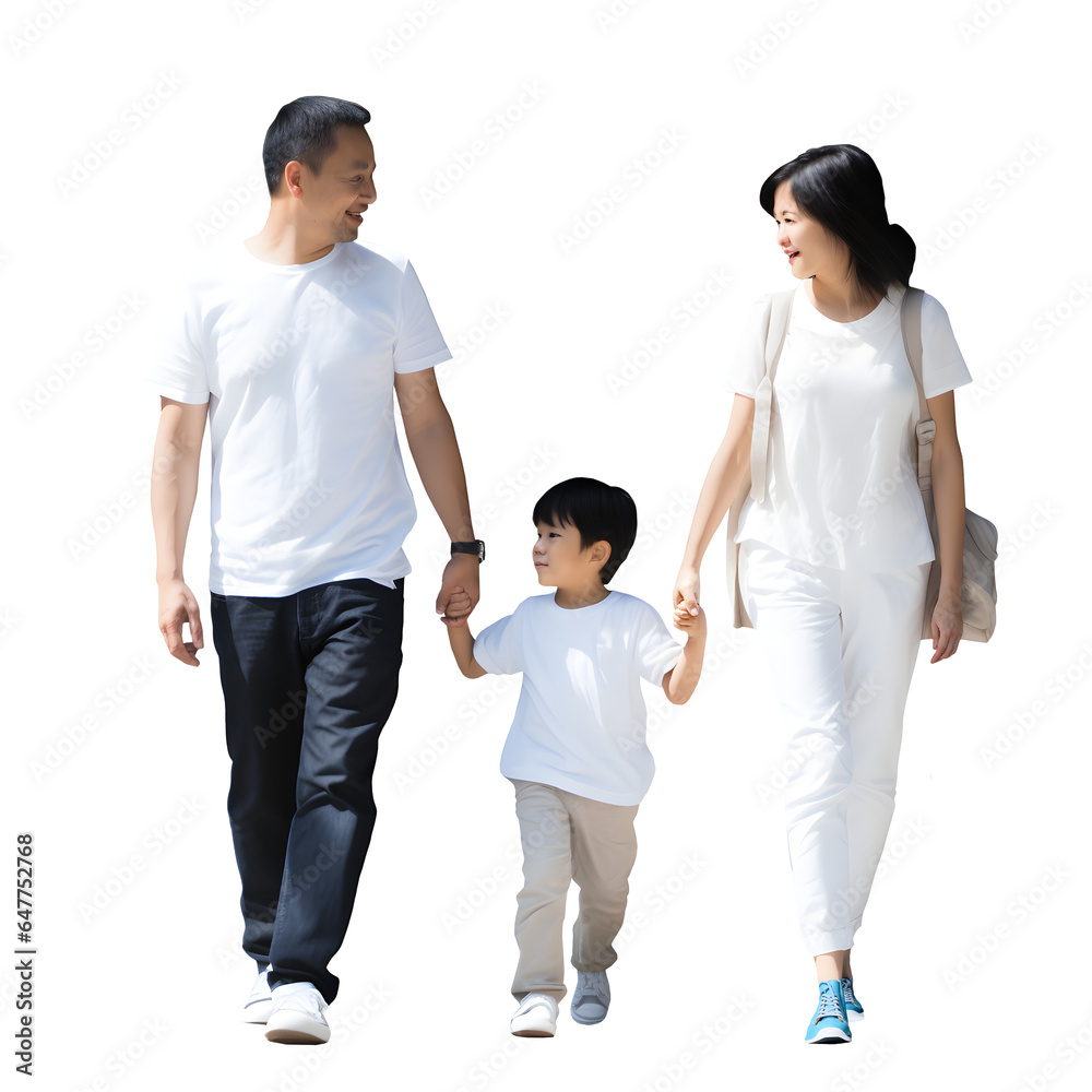 Asian family with children walking in comfort outfit, Mother Dad Son ...