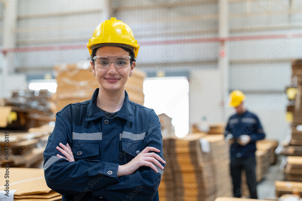 Portrait of woman warehouse worker wearing uniform and helmet safety ...