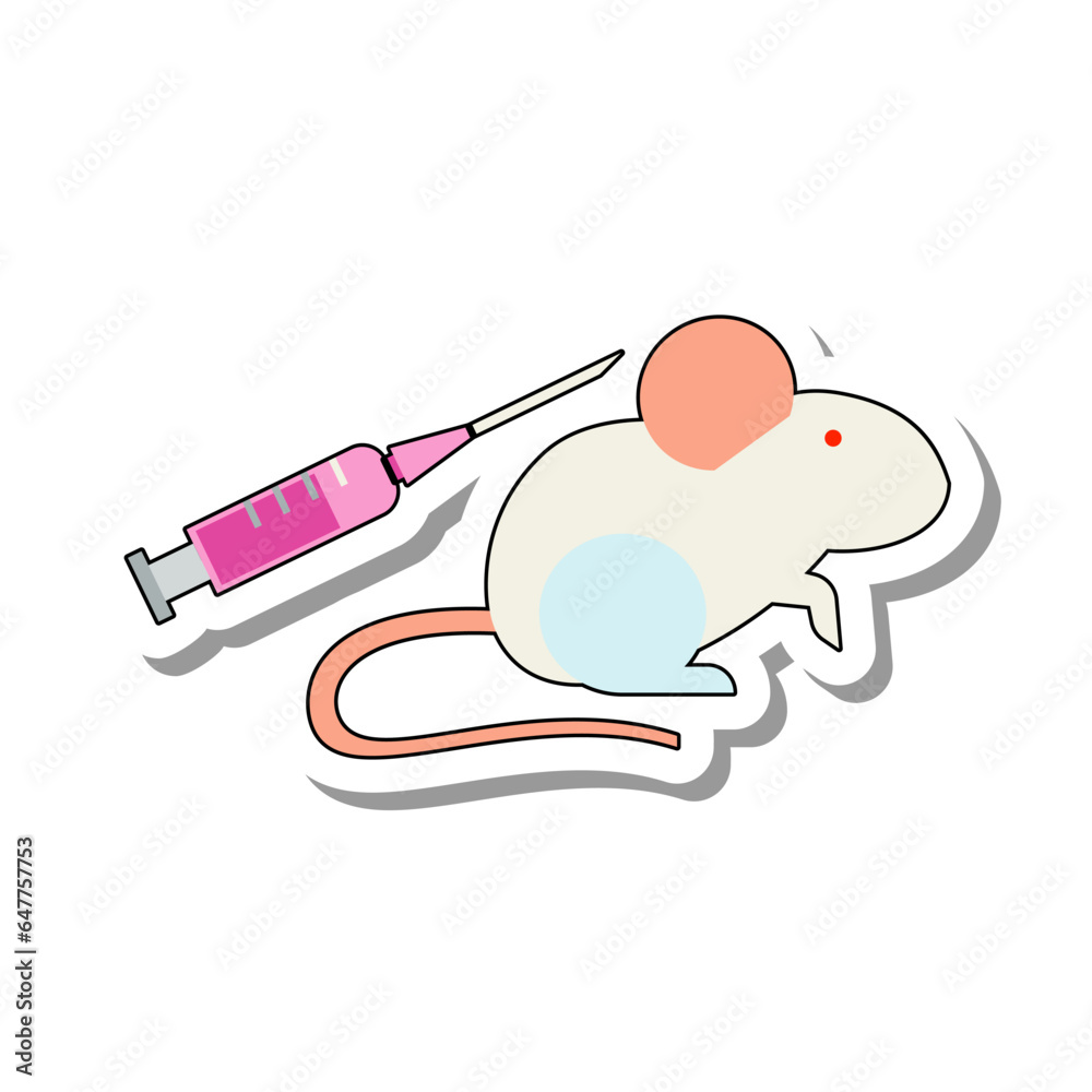 Syringe and laboratory mouse flat paper sticker. Lab equipment for ...