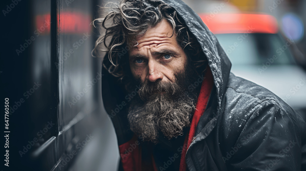 Portrait of a homeless man, homeless, dude, living on the streets, city ...