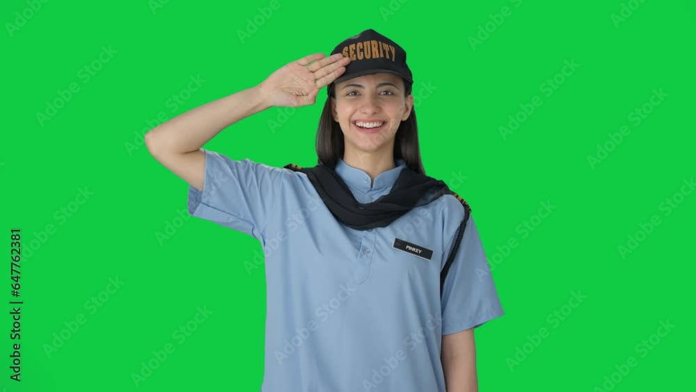 Happy Indian female security guard saluting Green screen Stock Video ...