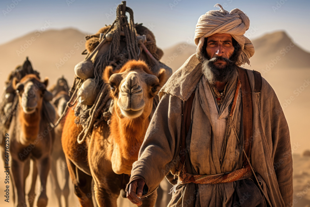 Berber man in traditional clothes walking in front of camels in a ...