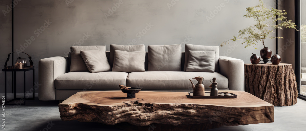edge tree stump accent coffee table with big couch in room, Minimalist ...