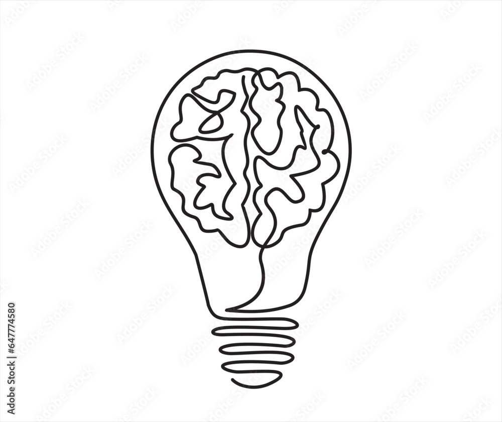 Single continuous line drawing of light bulb with human brain. Creative ...
