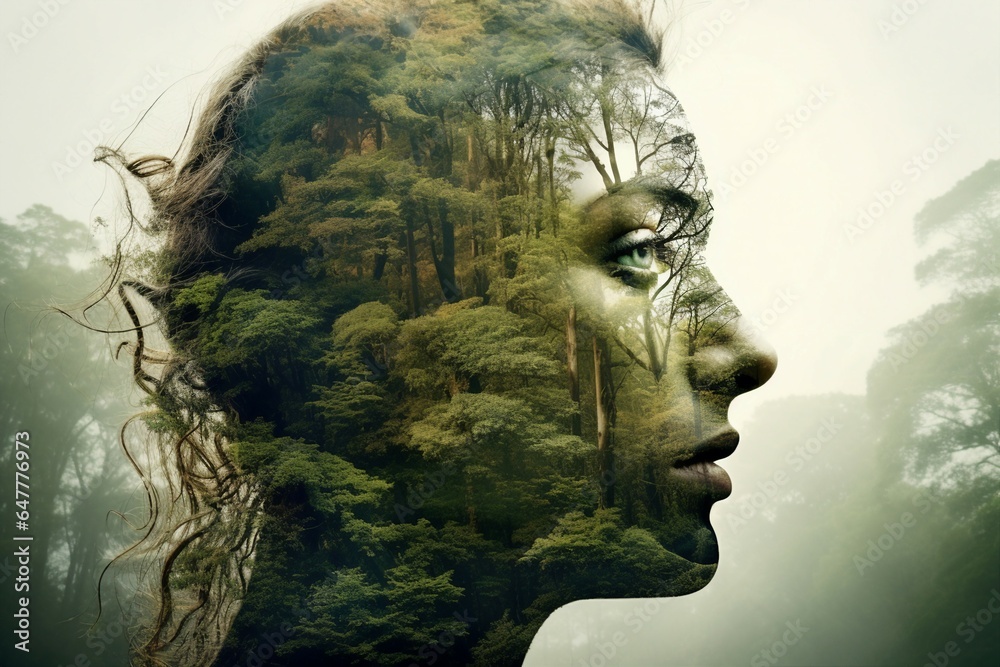 A captivating double-exposure portrait fuses a woman's image with the ...