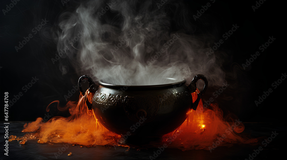 Realistic witch cauldron in a spooky scene with orange colored smoke ...