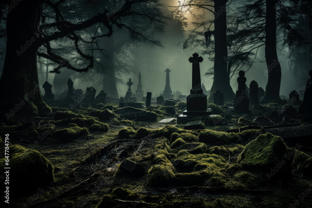 Foto de A haunting graveyard scene emerges from the mist as tombstones stand sentinel amidst the ...
