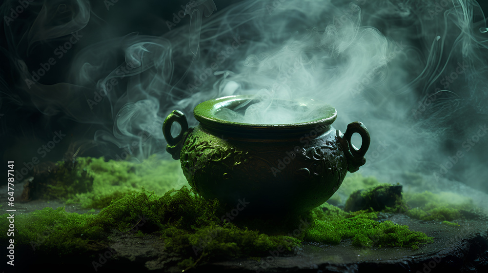 Realistic witch cauldron in a spooky scene with green colored smoke ...