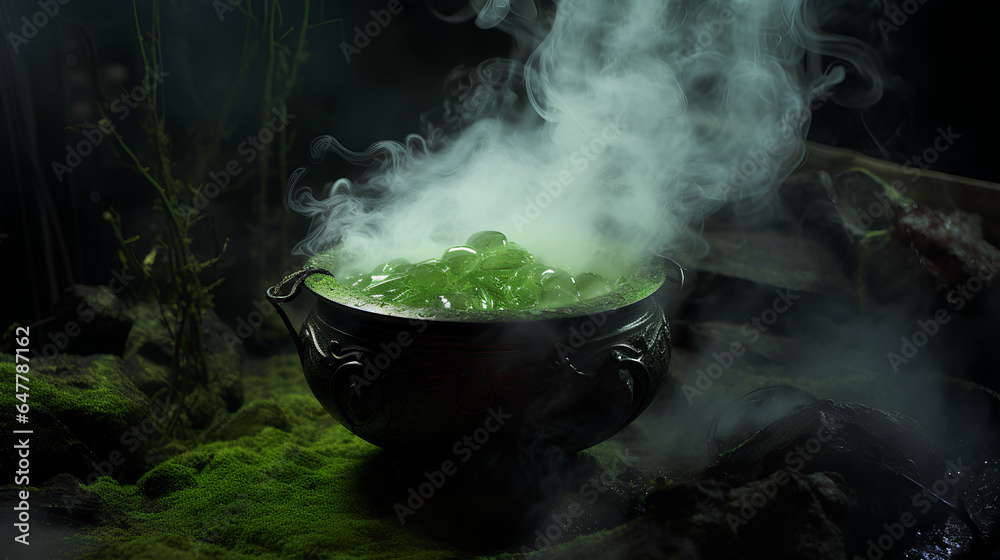 Realistic witch cauldron in a spooky scene with green colored smoke ...