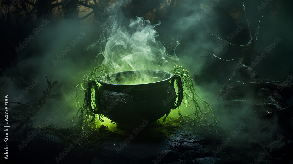 Realistic witch cauldron in a spooky scene with green colored smoke ...