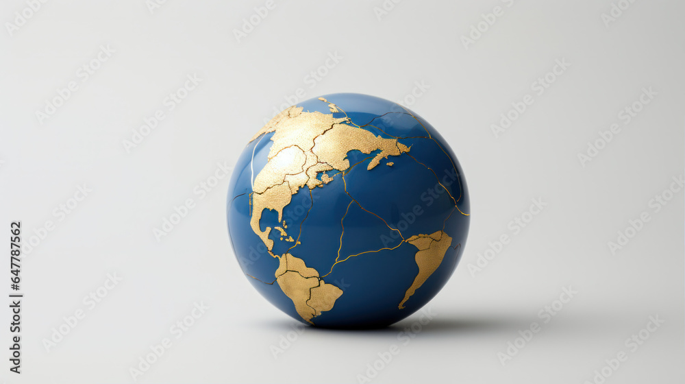 Golden-Cracked Earth Globe: Blue Ceramic Sphere Depicting Kintsugi ...