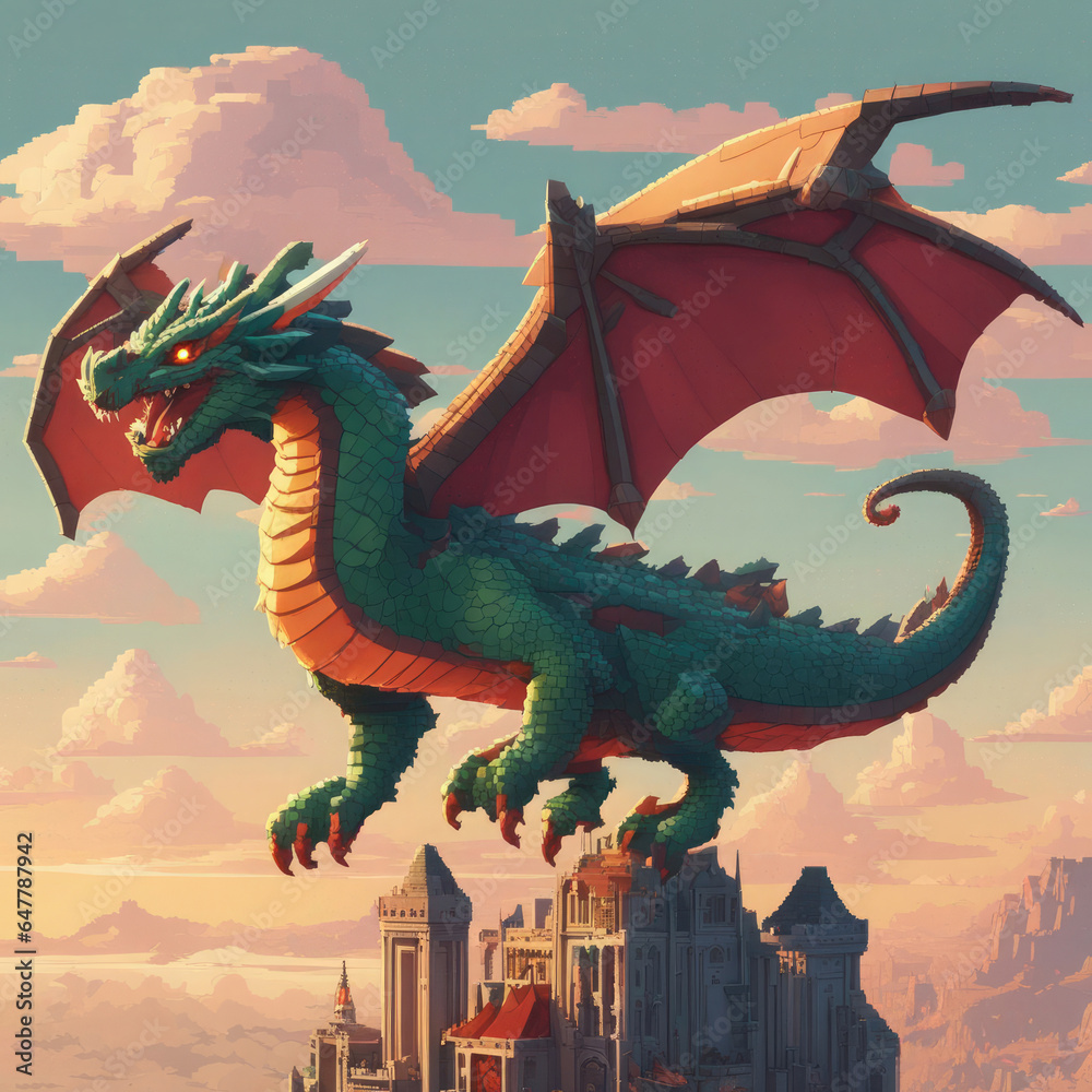 Generative AI, Pixel Dragon 8bit, Cool pixel dragon flying in the sky ...