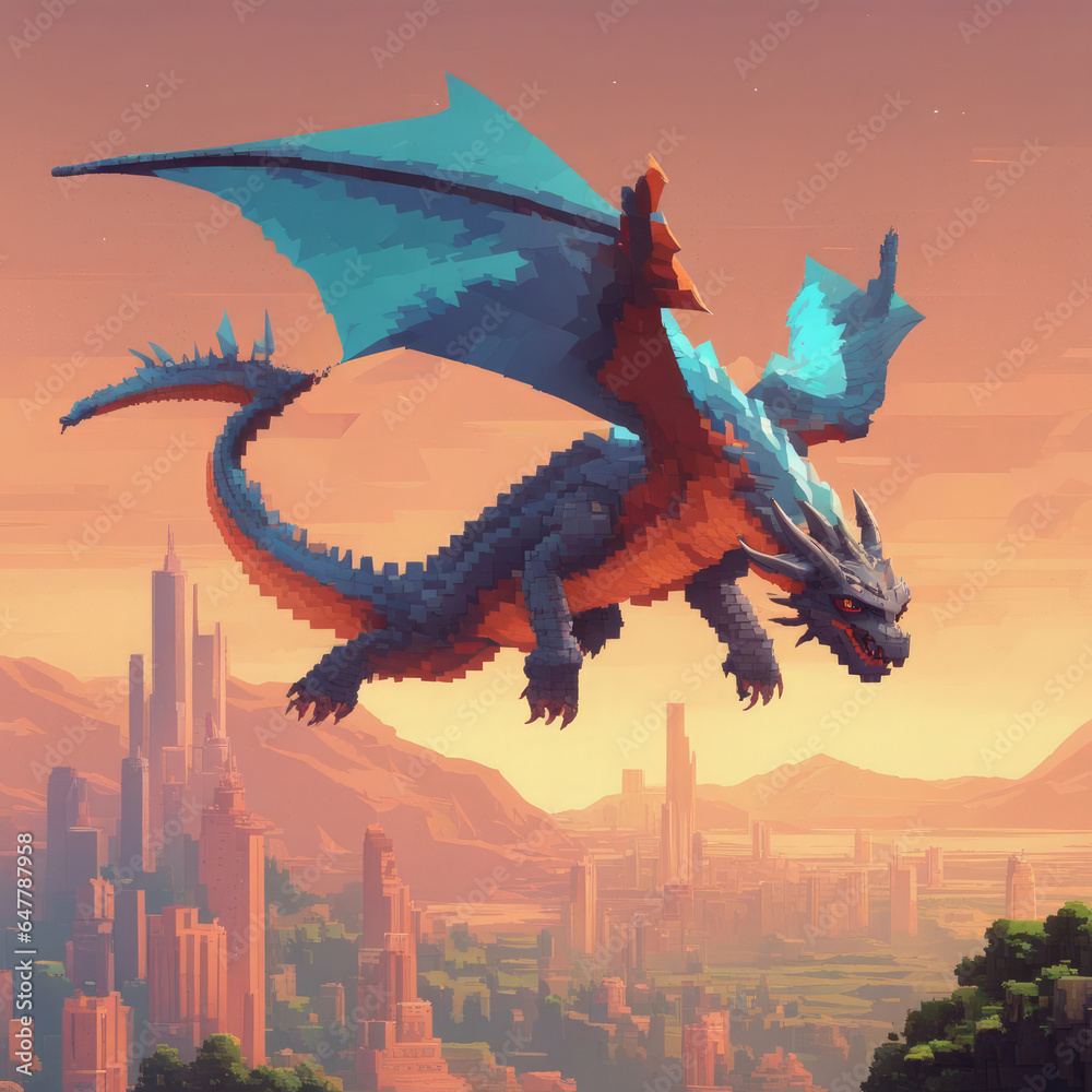 Generative AI, Pixel Dragon 8bit, Cool pixel dragon flying in the sky ...