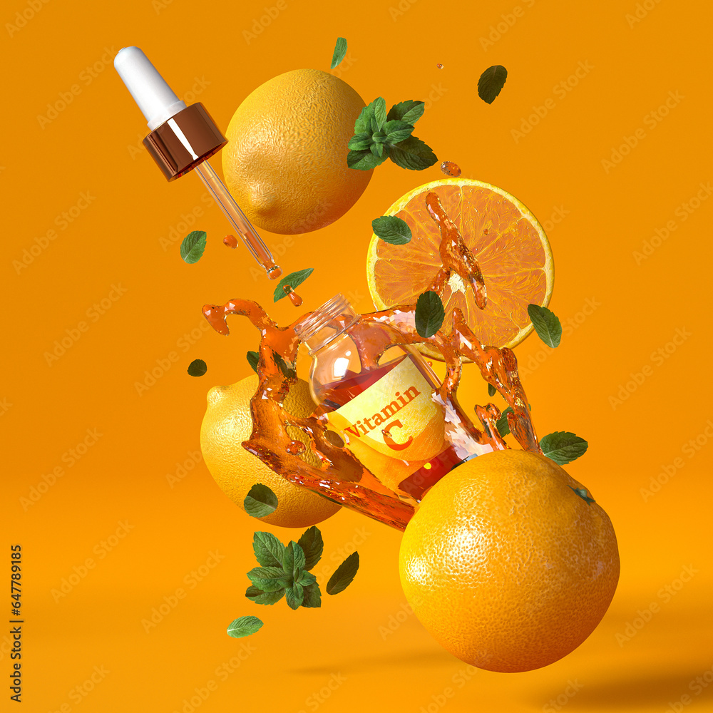 Medical and scientific concept, flying vitamin C bottles, drops in a ...