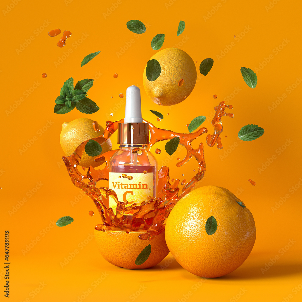 Medical and scientific concept, flying vitamin C bottles, drops in a ...