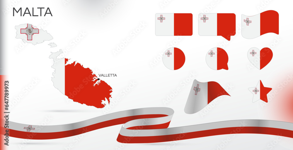 Malta flags set. Various designs. Map and capital city. World flags ...