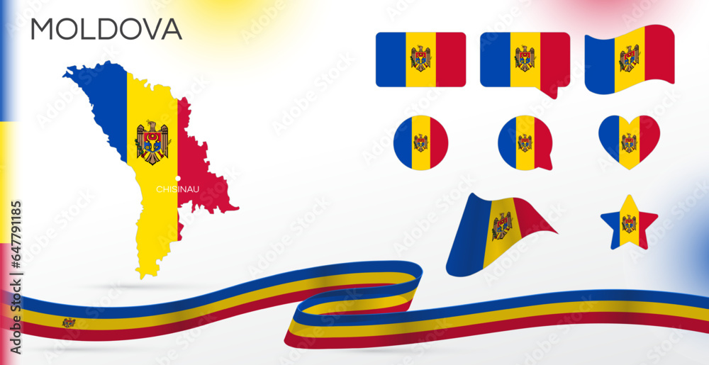 Moldova flags set. Various designs. Map and capital city. World flags ...