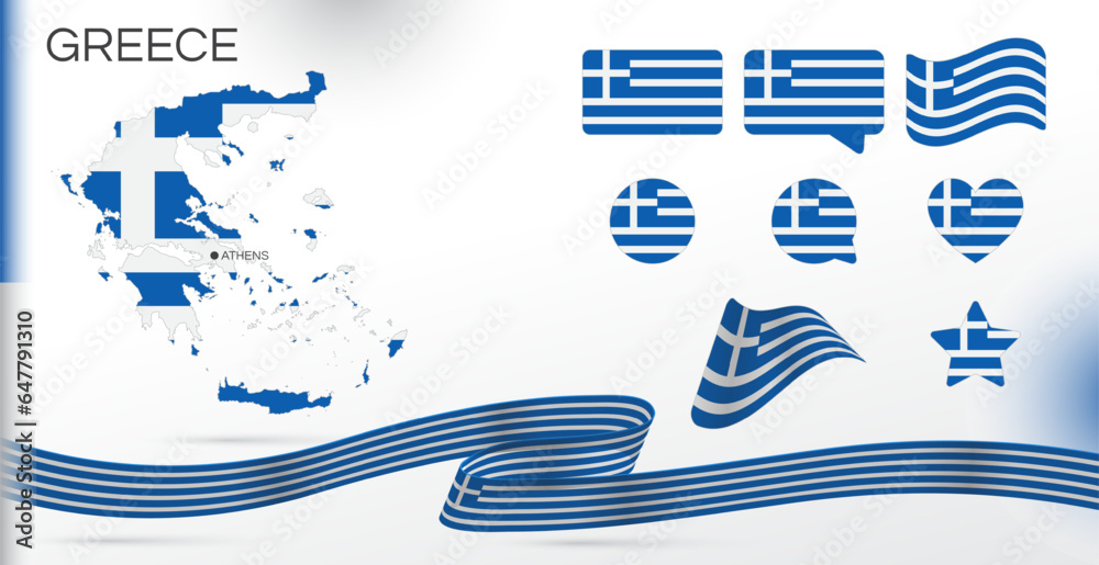Greece flags set. Various designs. Map and capital city. World flags ...