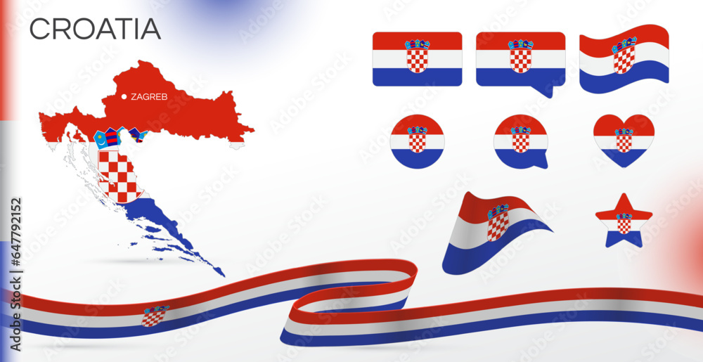 Croatia flags set. Various designs. Map and capital city. World flags ...