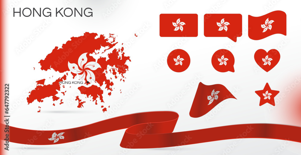 Hong Kong flags set. Various designs. Map and capital city. World flags ...