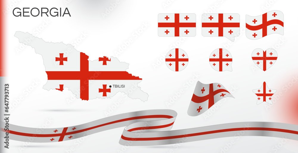 Georgia flags set. Various designs. Map and capital city. World flags ...