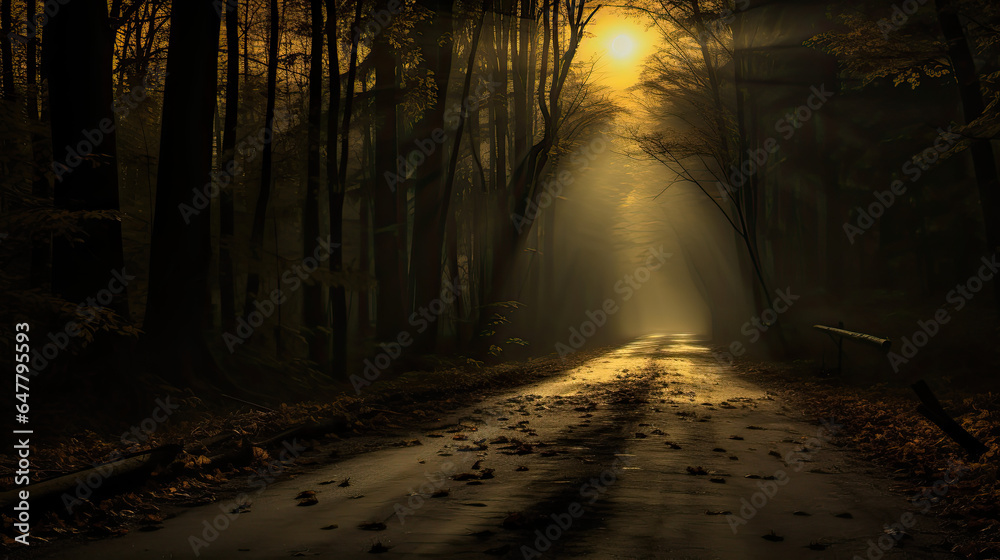 Eerie atmosphere of a digital photo featuring a dense forest, with ...