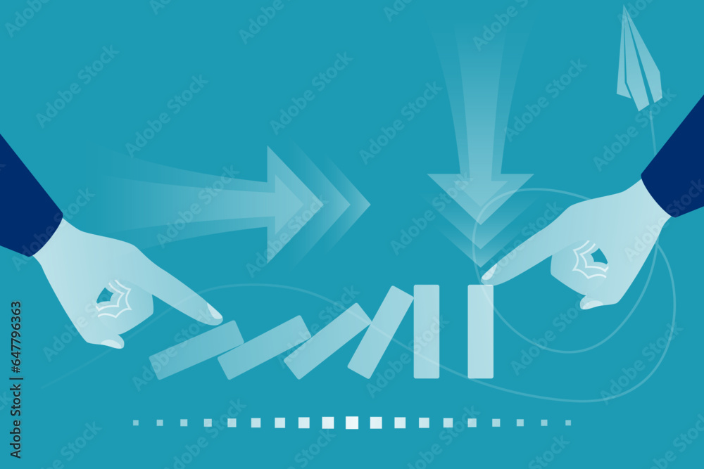 Domino effect concept. One man pushes the dominoes and second stops ...