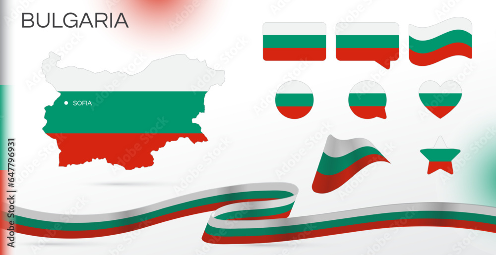 Bulgaria flags set. Various designs. Map and capital city. World flags ...