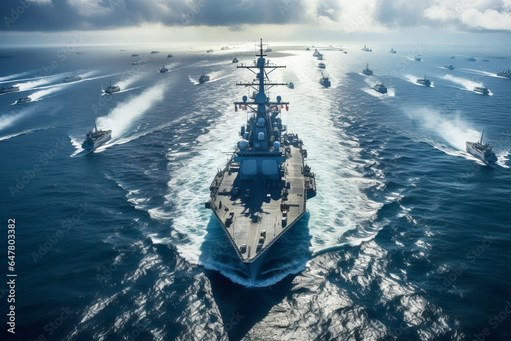 Modern military naval warships in open sea. Military naval exercises ...