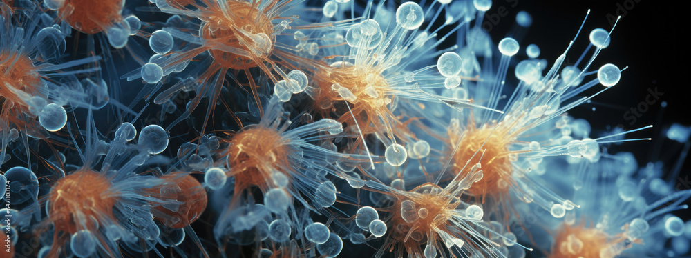 surreal blue organism in a colorful background, microscopic view ...