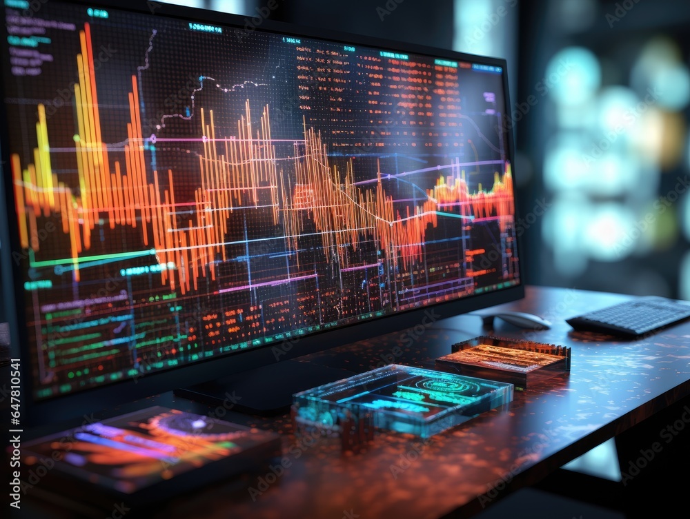 High resolution computer monitor displaying complex data visualizations Generative AI Stock ...