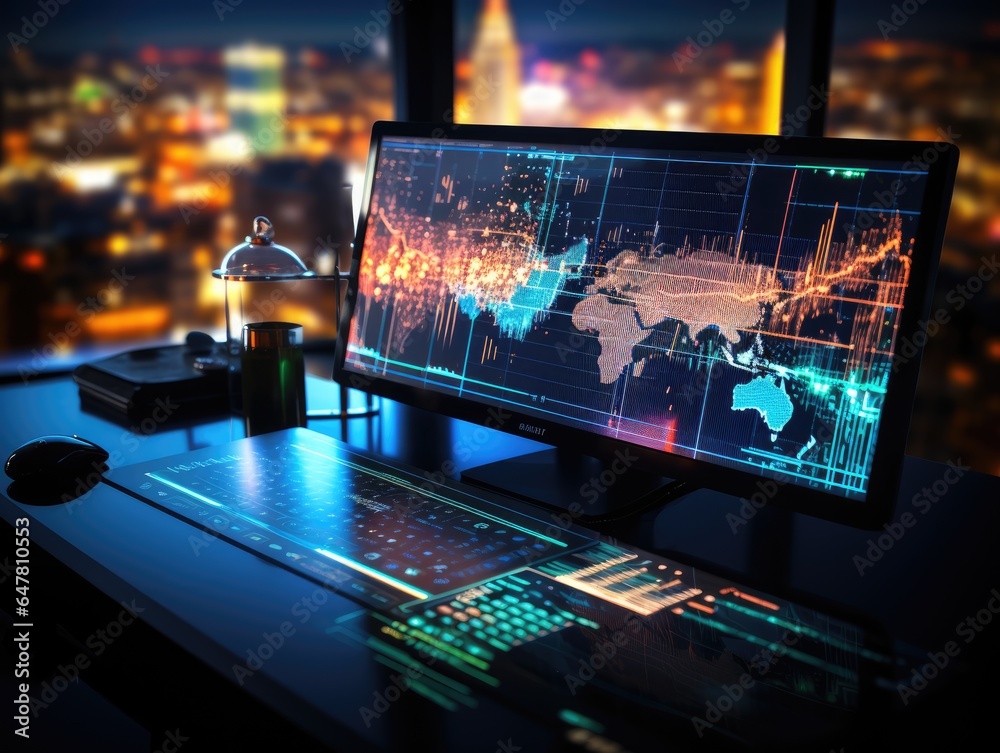 High resolution computer monitor displaying complex data visualizations Generative AI Stock ...