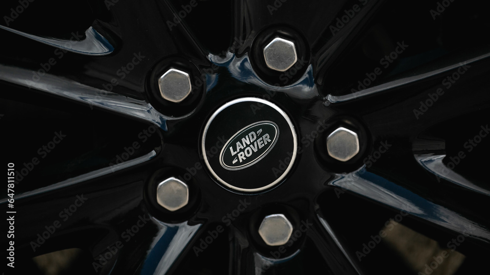 Land Rover logo on the wheel. Range Rover Sport wheel close-up. Stock ...