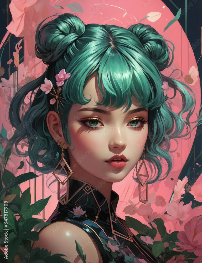 Holographic Fashionista Korean Girl With Pink Space Buns Stock
