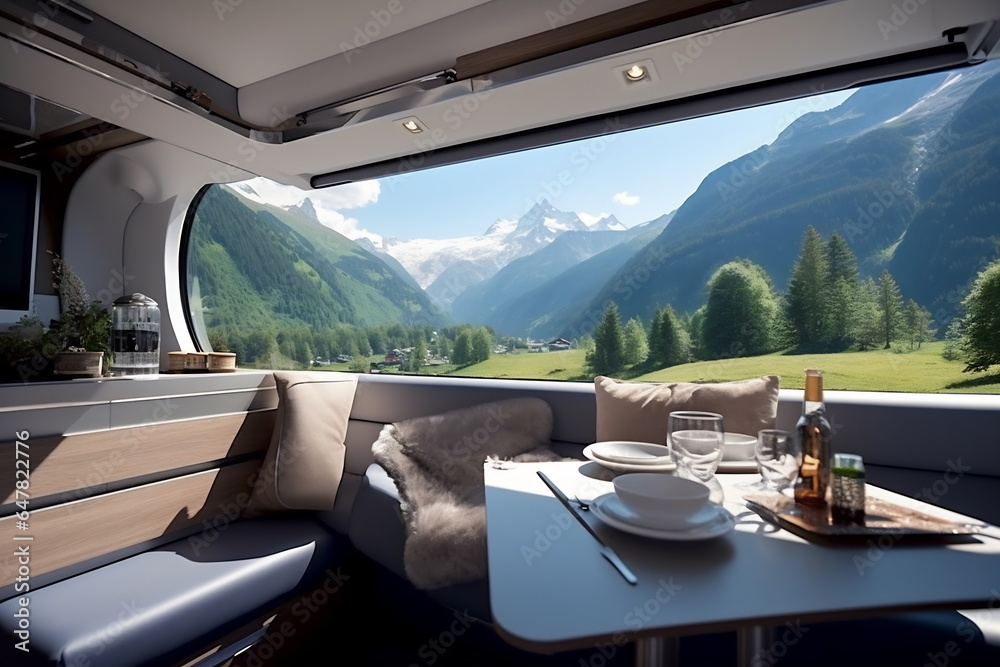 Camping trailer car interior. Rv motorhome room inside view, cozy place ...