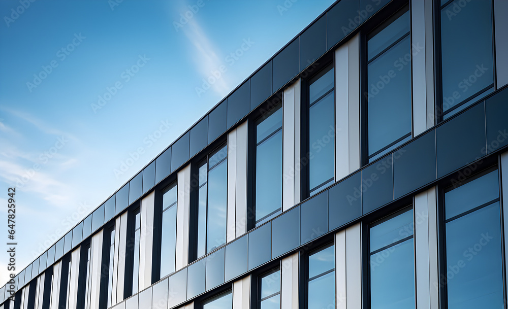 Graphite facade and large windows on a fragment of an office building ...