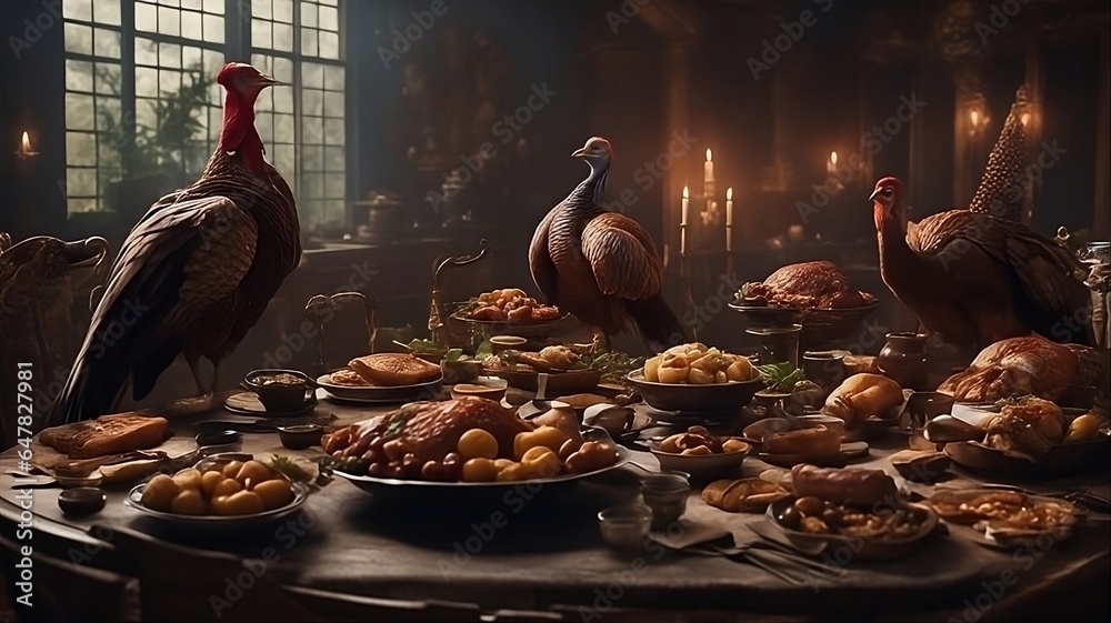Turkeys on the Thanksgiving day table, with potatoes and candlelight ...