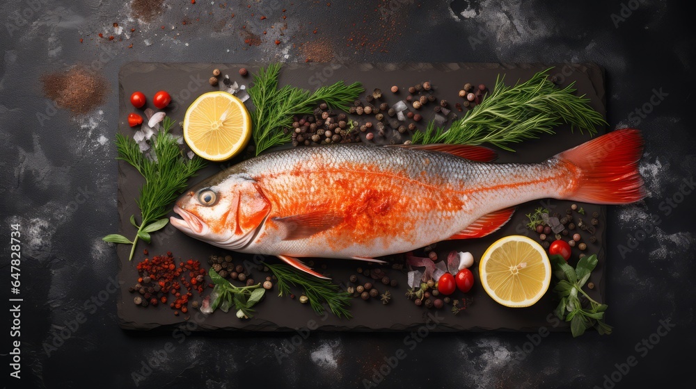 Fresh sea cod fish with spices top view. Horizontal banner poster. Food ...
