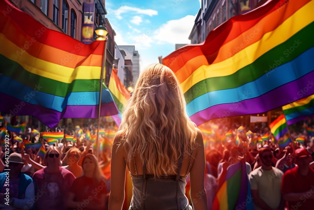 People at the pride parade with LGBTIQ flags celebrating the LGBTIQ ...